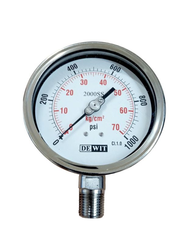 MANOMETRO DEWIT, CARATULA DE 4" OD CONEXION INFERIOR ACERO INOXIDABLE 1/2" NPT, RANGO DE 0-1000 ...