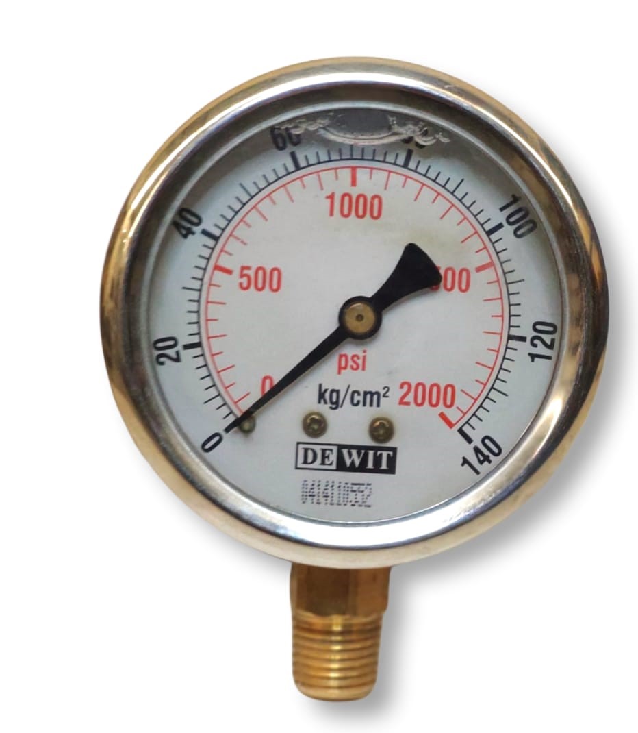 Manómetro Dewit, caratula de 2 1/2" OD conexión Inferior de bronce 1/4" NPT, rango de 0-2000 PSI ...
